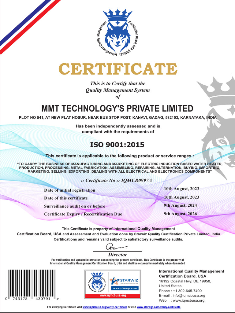 Certificate: MMT Technology'S Private Limited | PDF