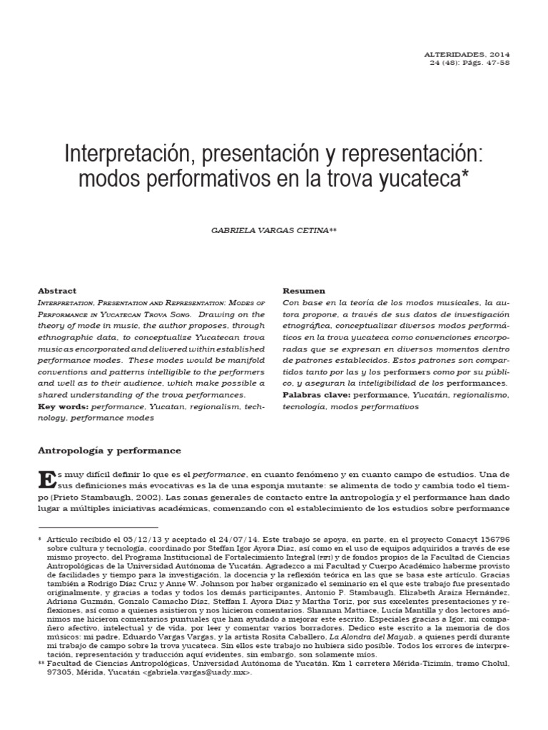 Interpretación, Presentación y Representación: Modos Performativos en La Trova Yucateca | PDF ...
