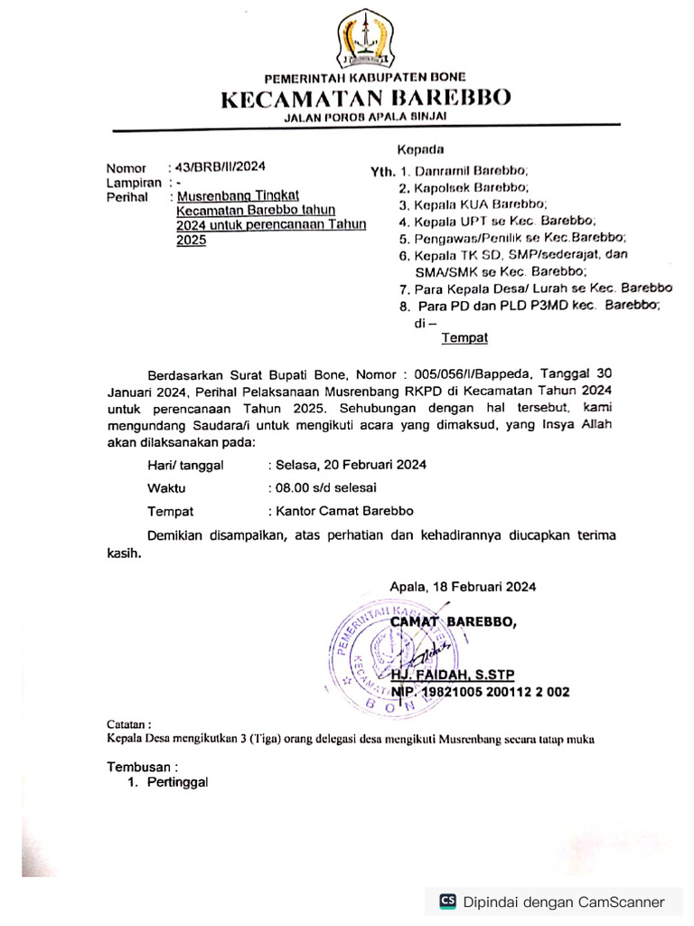 Camat Barebbo - Musrenbang Untuk Tahun 2025 - 200224 | PDF