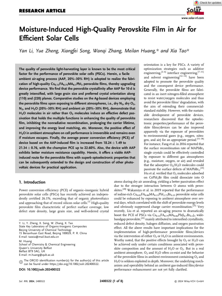 Solar RRL - 2024 - Li - Moisture‐Induced High‐Quality Perovskite Film ...
