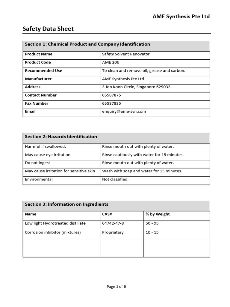 AME 206 Safety Solvent Renovator SDS | PDF | Sodium | Water