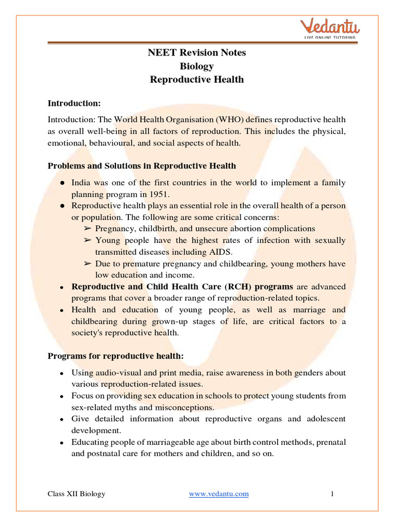 Reproductive Health Class 12 Notes NEET Biology (PDF) | PDF | In Vitro ...