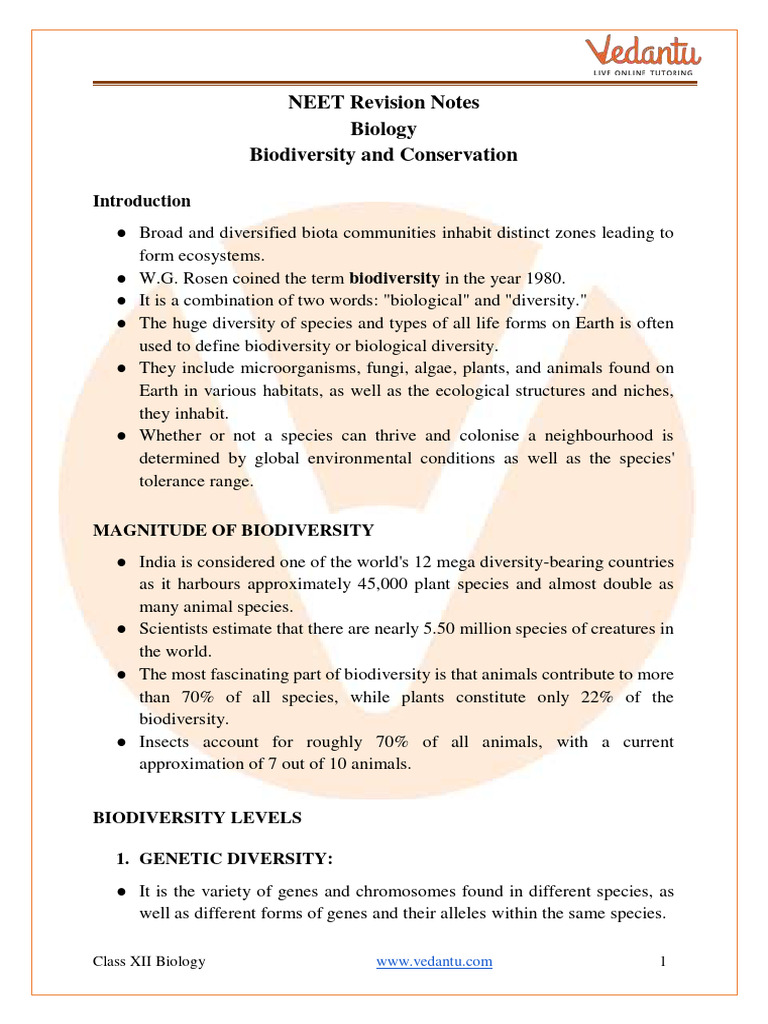 Revision Notes On Biodiversity and Conservation For NEET 2024 | PDF ...