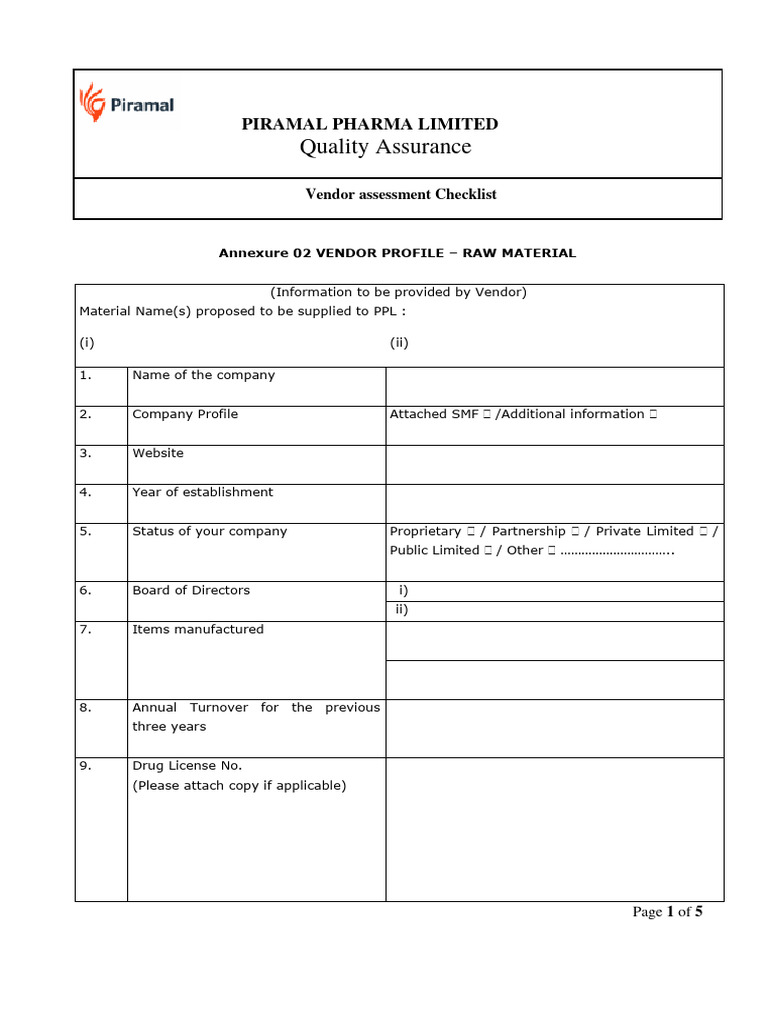 Vendor Assessment Checklist for PPL | PDF