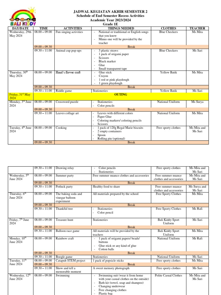 Jadwal Kegiatan Akhir Semester 2 Grade 1e | PDF