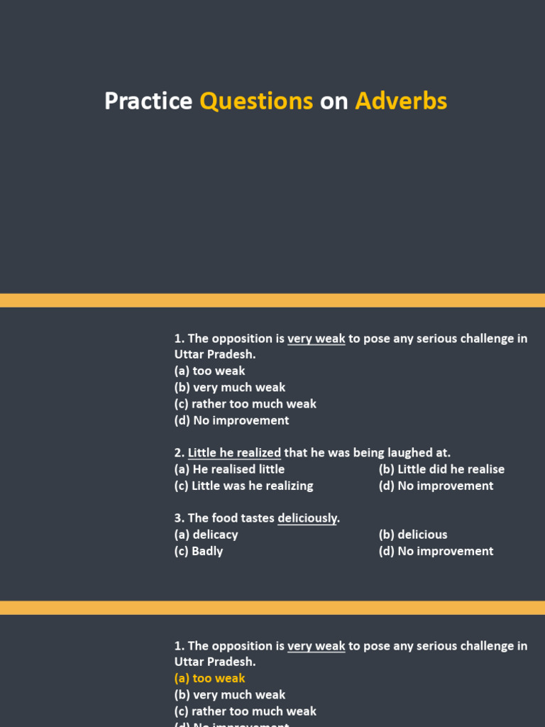 Adverb Practice Questions for ESL | PDF | Language Arts & Discipline ...