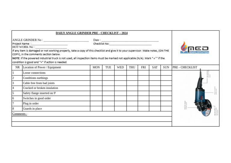 Daily Angle Grinder Pre - Use Checklist - 2024 (Copy) | PDF