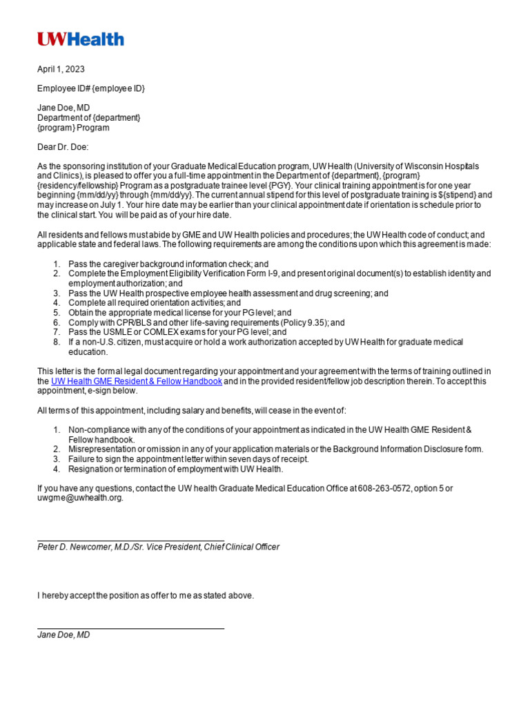 Appointment Letter Sample | PDF | Doctor Of Medicine | Residency (Medicine)