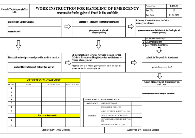 Work Instruction For Handling of Emergency | PDF