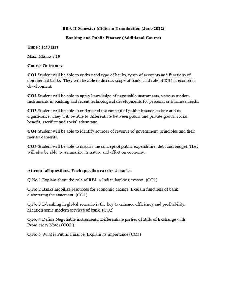 Banking and Public Finance BBA II Semester Midterm Examination | PDF