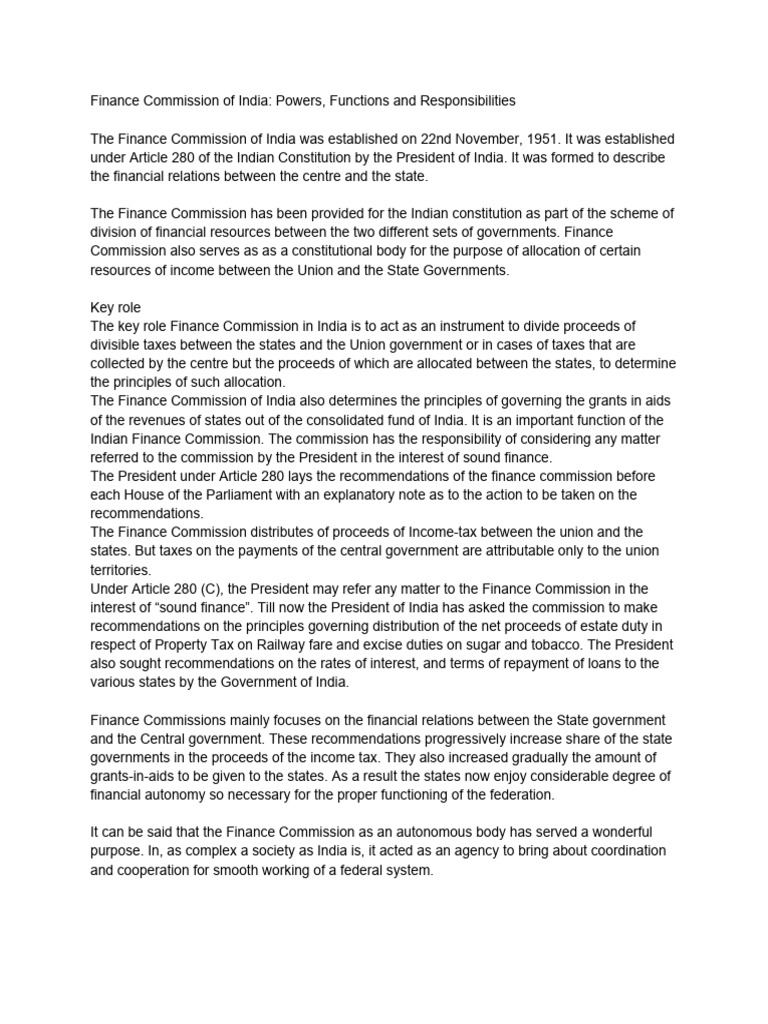 Finance Commission of India - Powers, Functions and Responsibilities ...