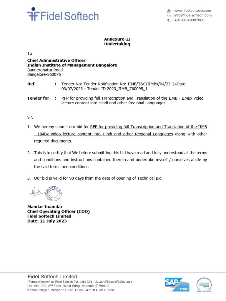 Annexure II Undertaking | PDF