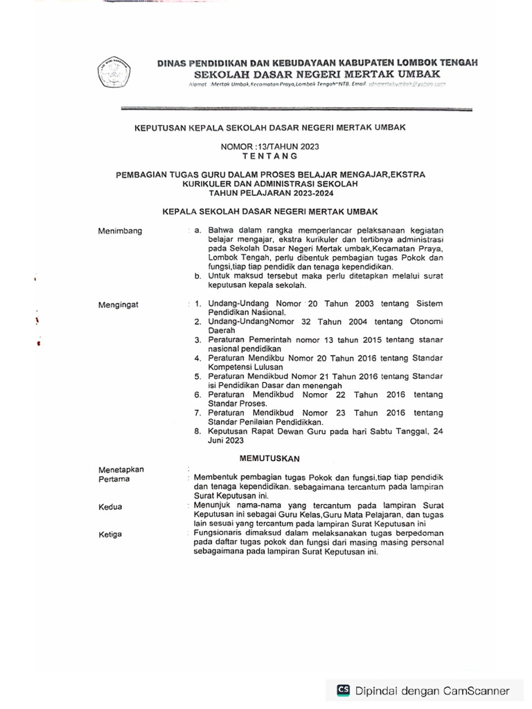 SK Pembagian Tugas 2023-2024 | PDF