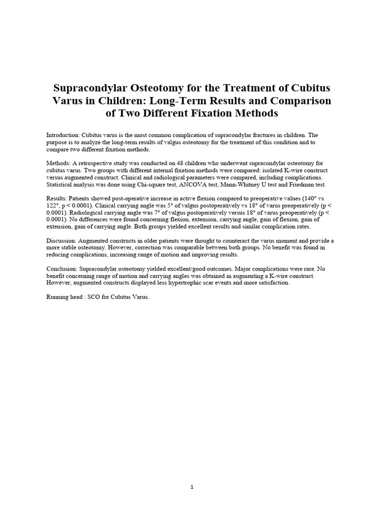 Supracondylar Osteotomy For The Treatment of Cubitus Varus in Children ...