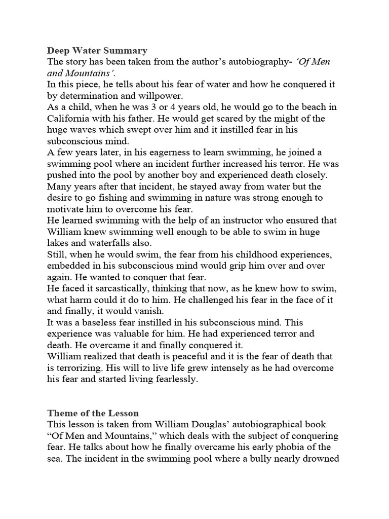 Deep Water Summary | PDF | Fear | Swimming