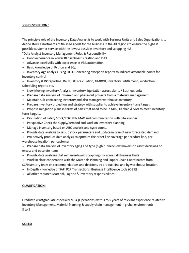 JD - Data Analyst Inventory MGT 6 | PDF | Inventory | Data Analysis