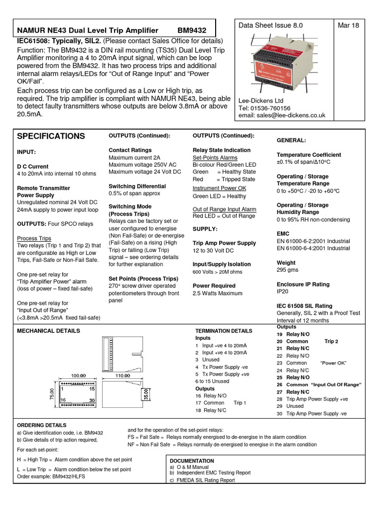 NAMUR NE43 Dual Level Trip Amplifier | PDF | Amplifier | Relay