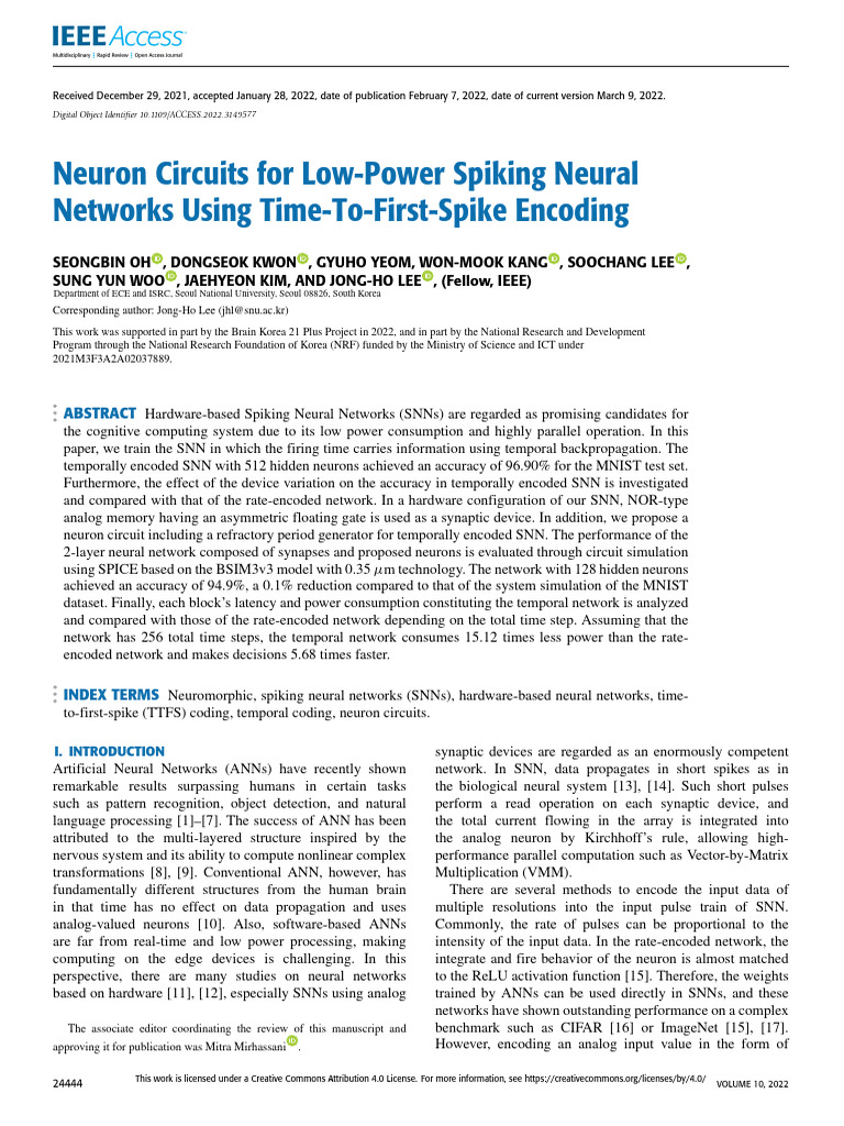 Neuron Circuits For Low-Power Spiking Neural Networks Using Time-To-First-Spike Encoding | PDF ...