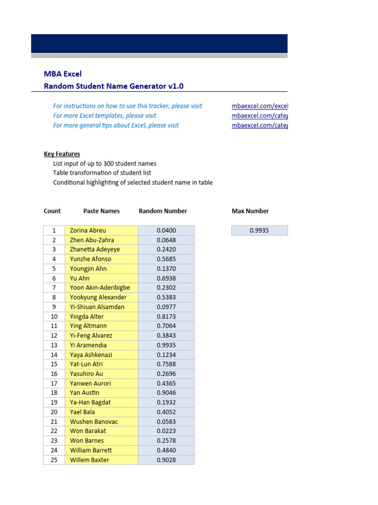 MBA Excel Random Student Name Generator v1.0 | PDF