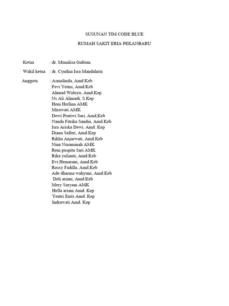 SUSUNAN TIM CODE BLUE RUMAH SAKIT ERIA PEKANBARU 2024[1] | PDF