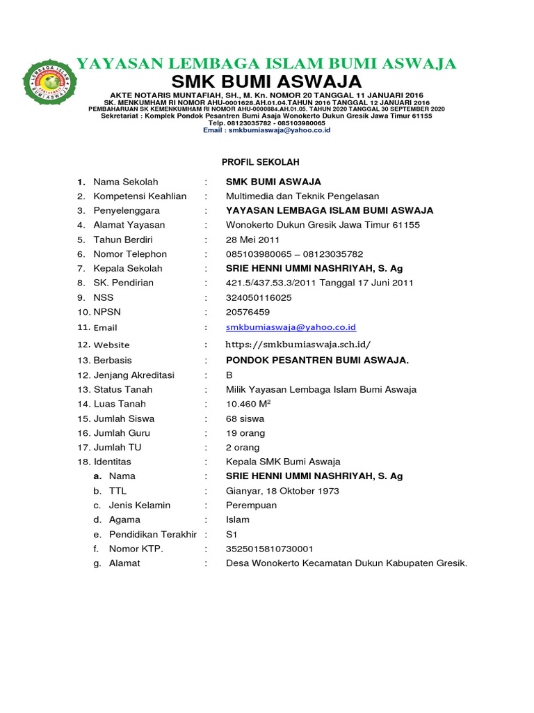 PROFIL SEKOLAH SMK Dan Asrama Ponpes 2024 | PDF