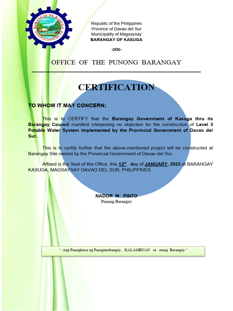 Certification-Potable Water | PDF