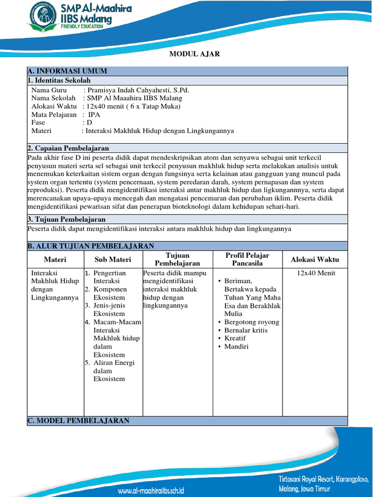 IPA 7 - Modul Ajar Interaksi Makhluk Hidup | PDF
