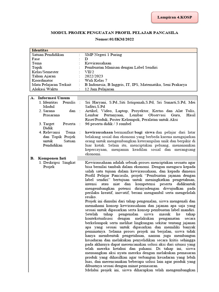 Modul Proyek PPP Kewirausahaan | PDF