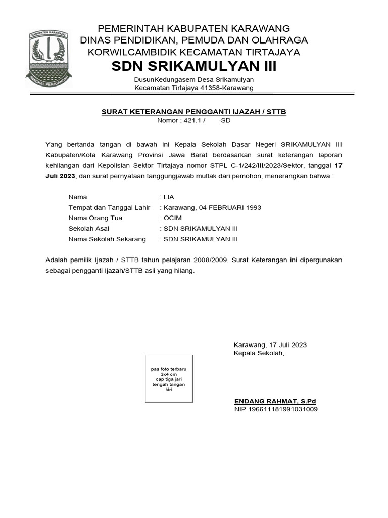 Format Kehilangan STTB | PDF