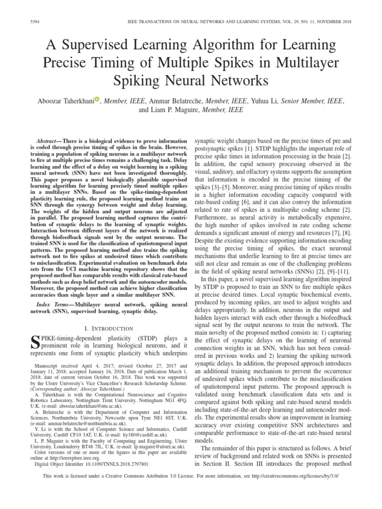 Taherkhani 2018 tranNNLS A Supervised Learning Algorithm For Learning Precise Timing of Multiple ...