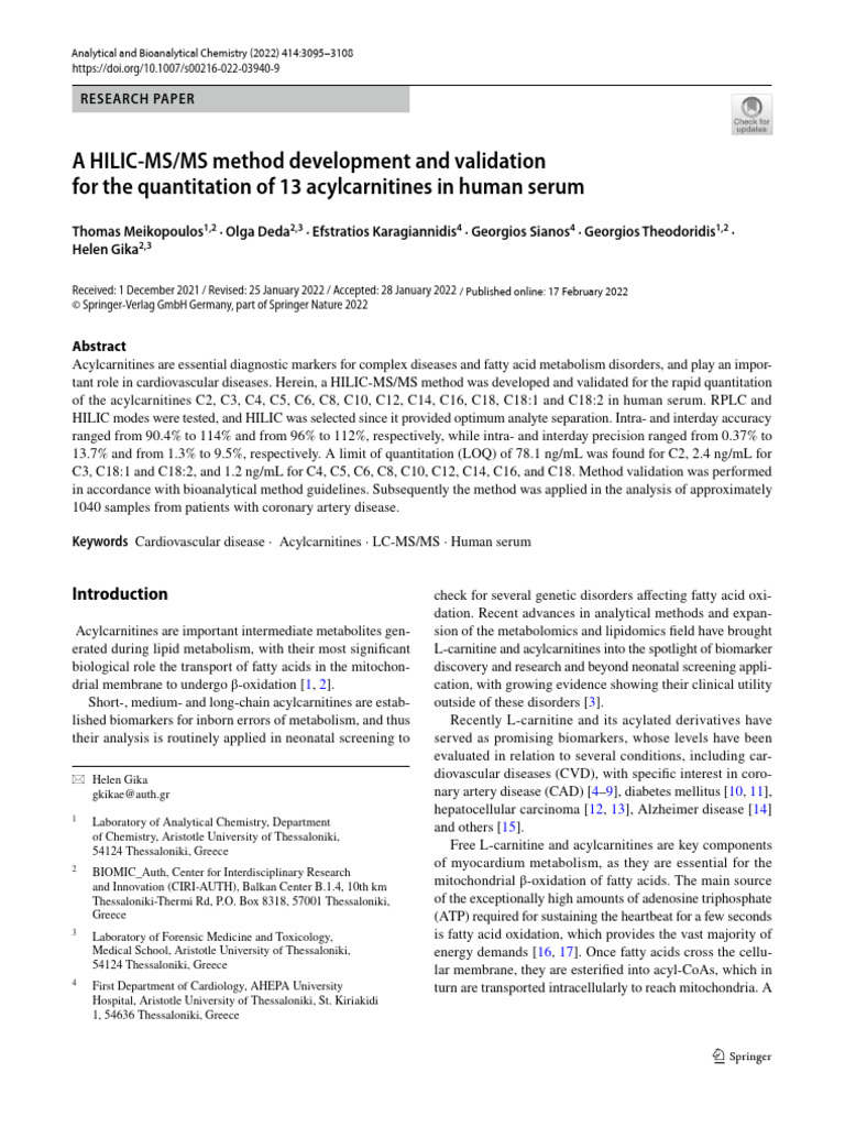 A HILIC-MS/MS Method Development and Validation For The Quantitation of 13 Acylcarnitines in ...