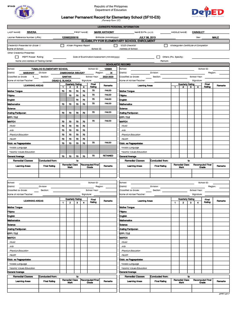School Form 10 ES Learners Permanent Record | PDF