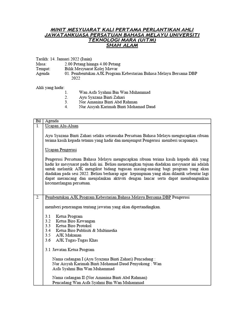 Minit Mesyuarat 1 Perlantikan Ahli Jawatankuasa | PDF | Karier & Perkembangan | Ilmu Sosial