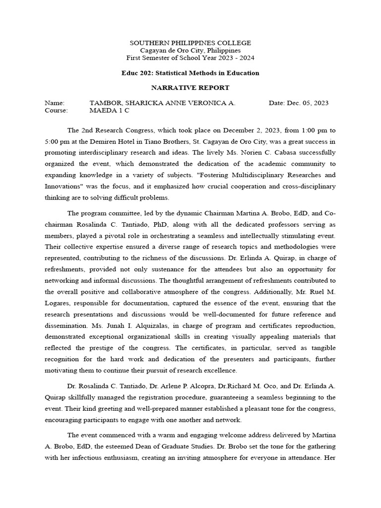 Educ 202 Narrative Report For 2nd Research Congress | PDF | Teachers | Learning