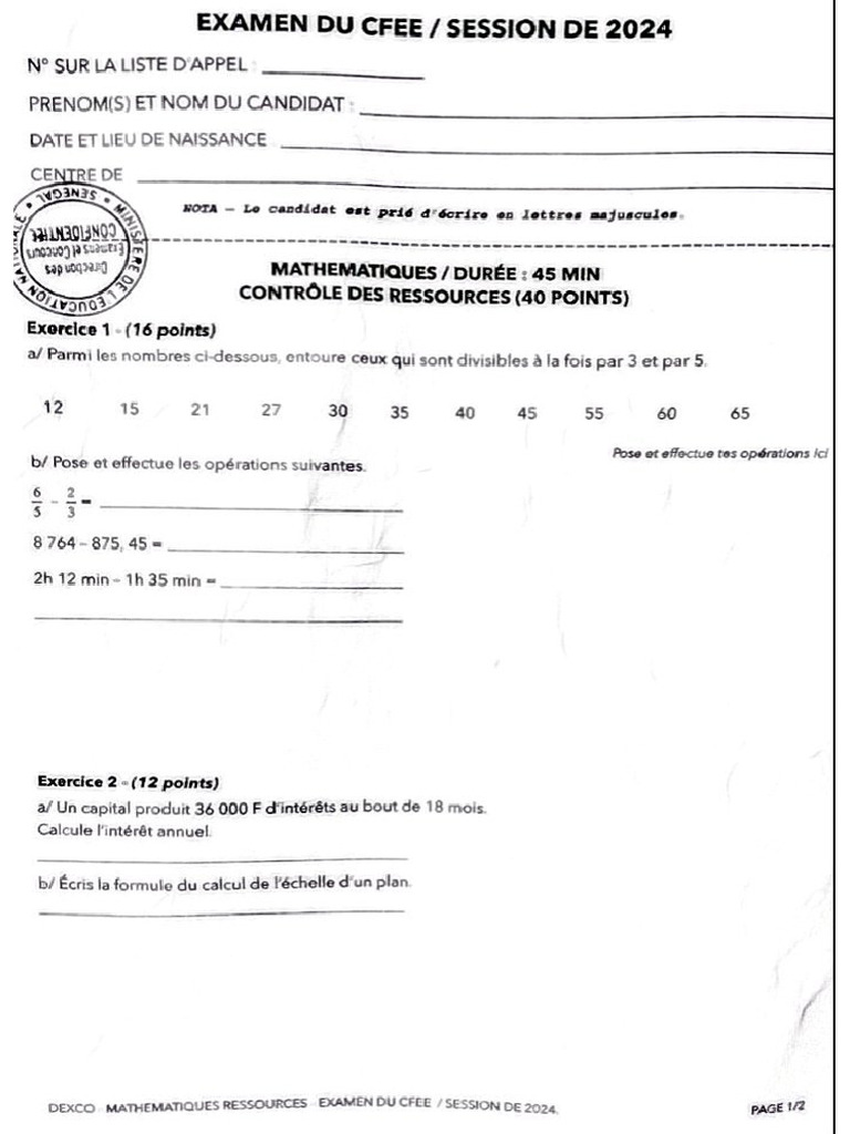Cfee 2024 Mathématiques Ressources | PDF