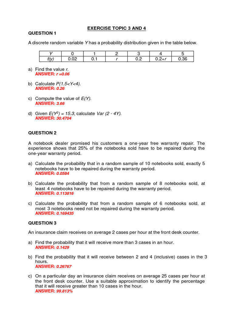 EXERCISE TOPIC 3 AND 4 | PDF | Statistical Theory | Probability Theory