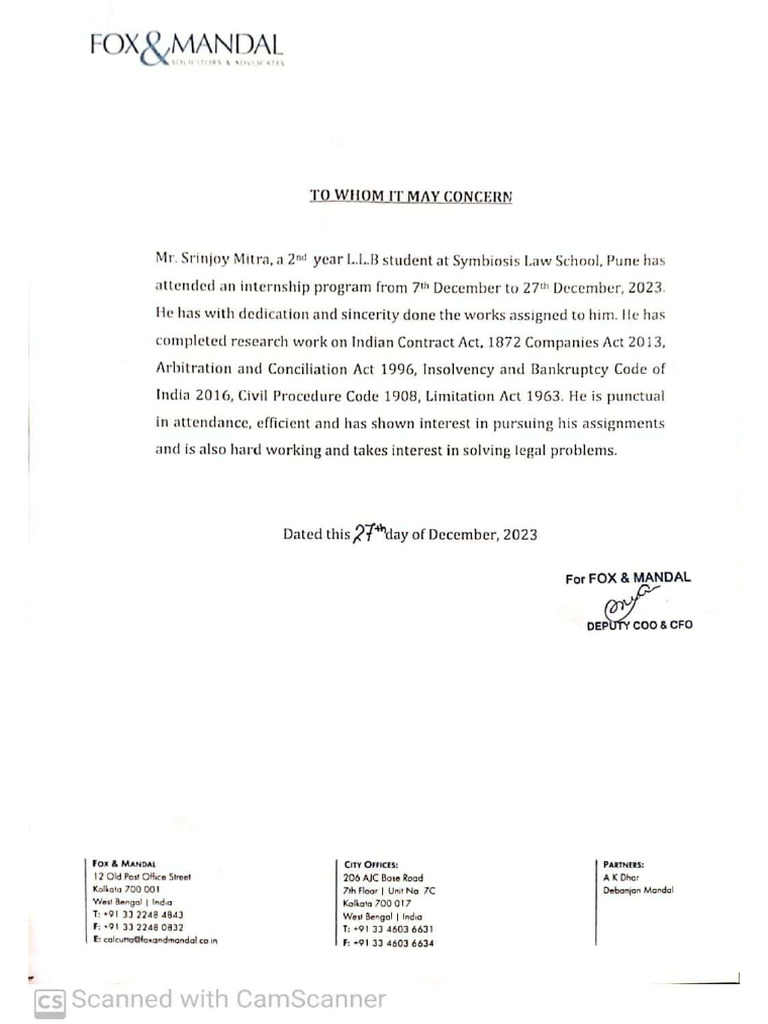 Fox & Mandal Internship Certificate (Dec 2023) | PDF