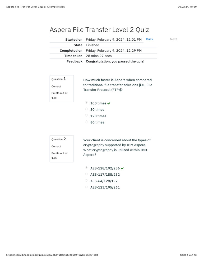 Aspera File Transfer Level 2 Quiz Attempt Review | PDF | Cloud Computing | Information Technology