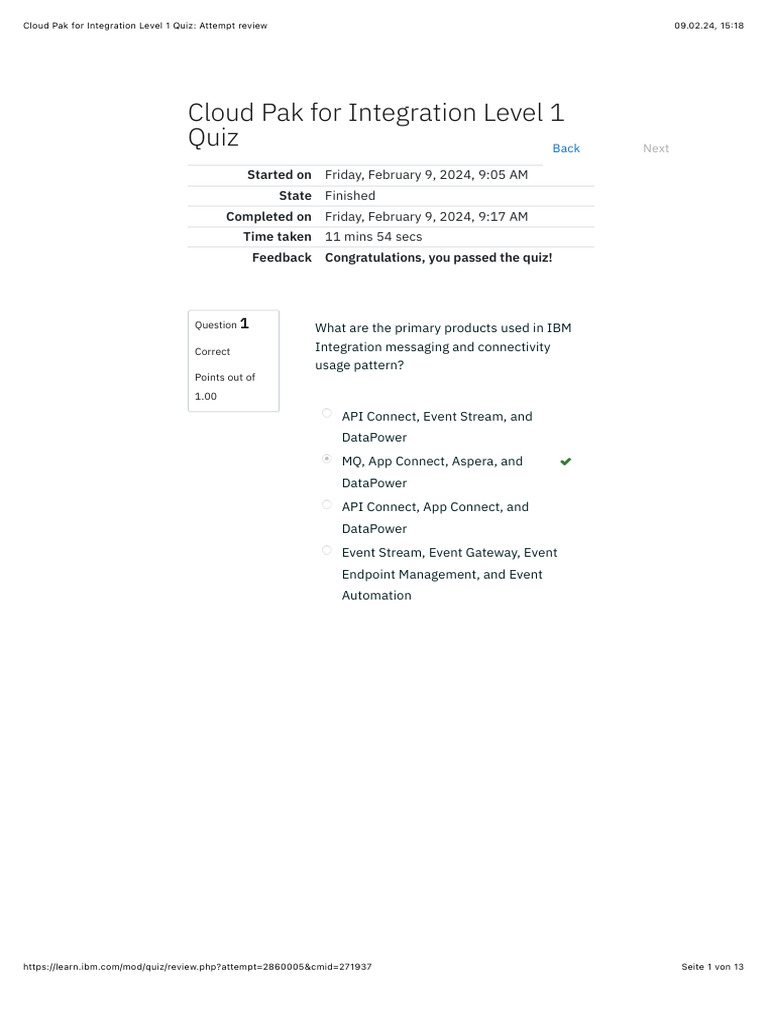 Cloud Pak For Integration Level 1 Quiz Attempt Review | PDF | Cloud Computing | Computing