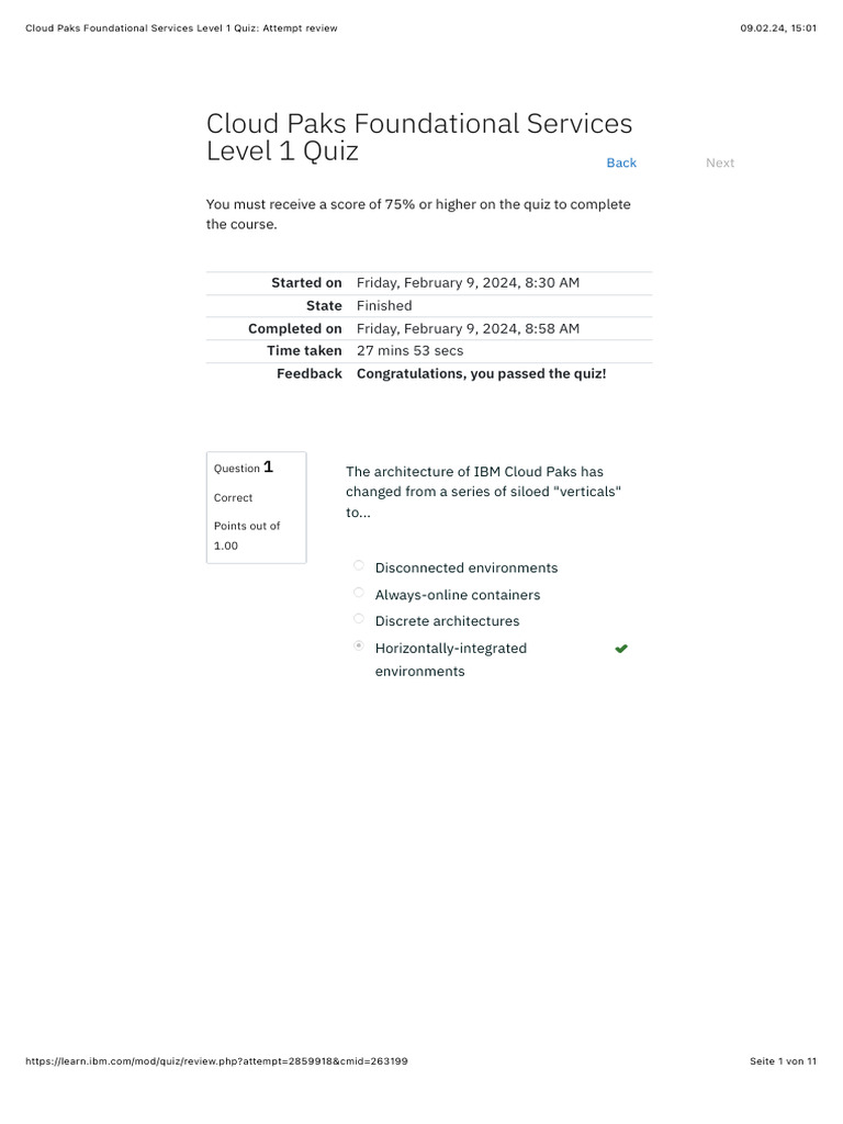 Cloud Paks Foundational Services Level 1 Quiz Attempt Review | PDF | Cloud Computing | Computer ...