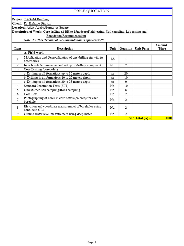 1.3.soil Investigation BOQ Proposed For B+G+14 Building | Download Free ...