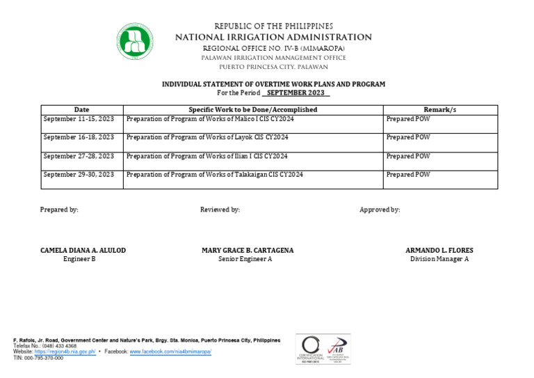 Individual Statement of Overtime Work Plans and Program | PDF