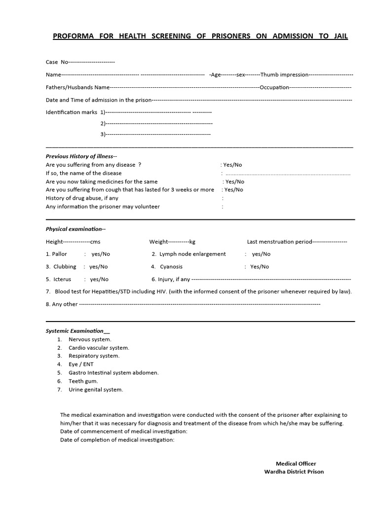 Health Screening of Prisoners On Admission To Jail | PDF | Physical ...