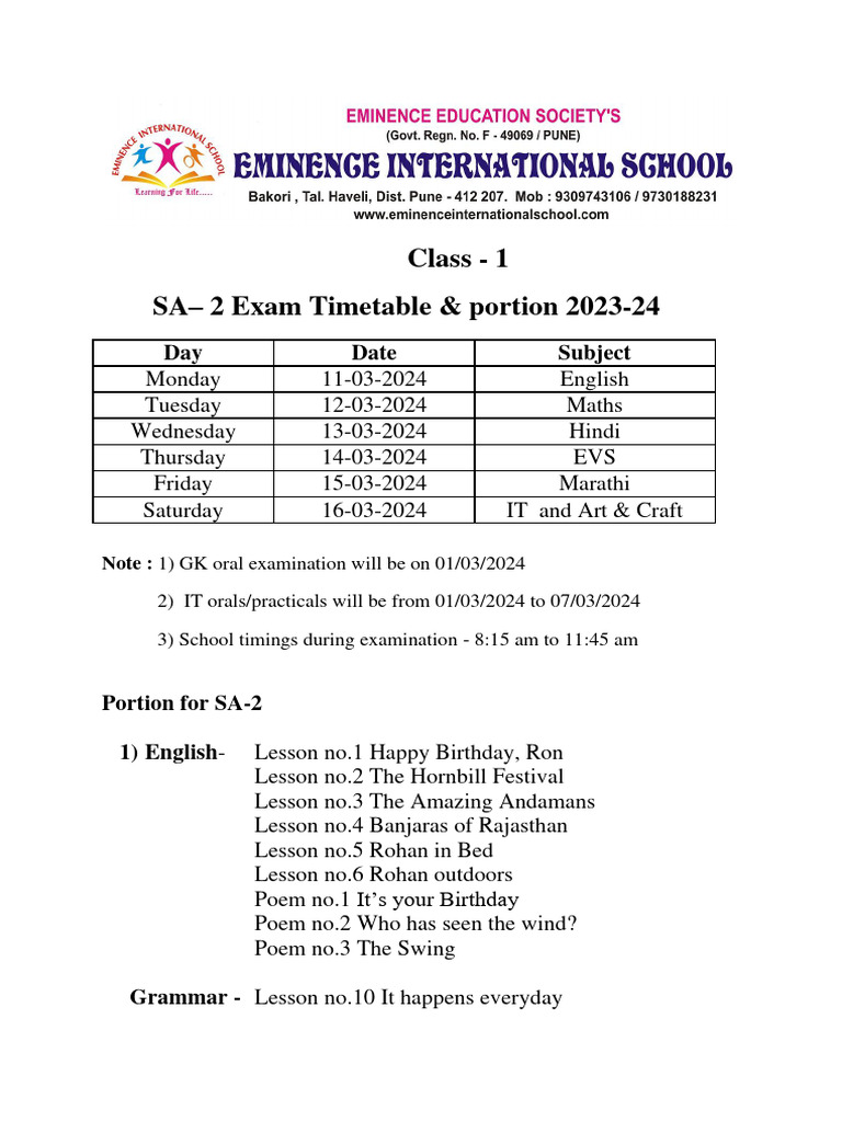 Class-1 S.a-2 Timetable and Portion 23-24-1 | PDF | Linguistics