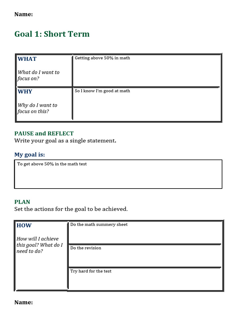 2021 Setting Goals - Semester 1 - Year 7 Template | PDF