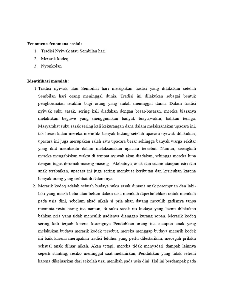 Tradisi Suku Sasak: Nyiwak, Merarik Kodeq, Nyongkolan | PDF | Agama ...