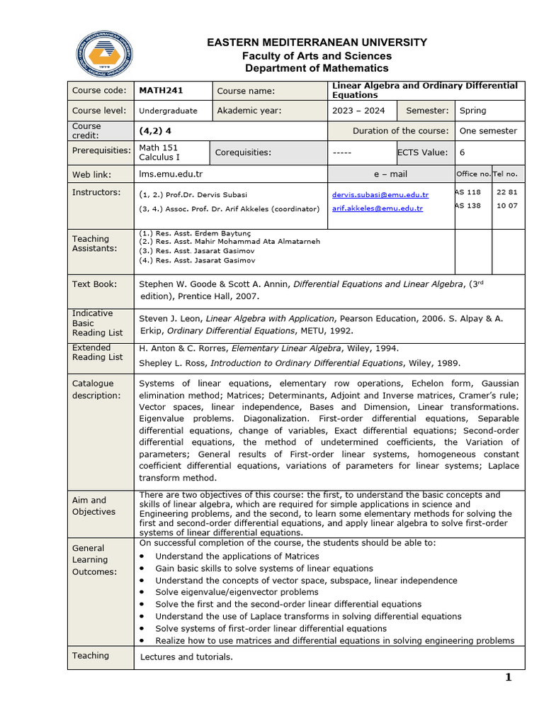 Linear Algebra & ODE Course Info | PDF | Eigenvalues And Eigenvectors | Determinant