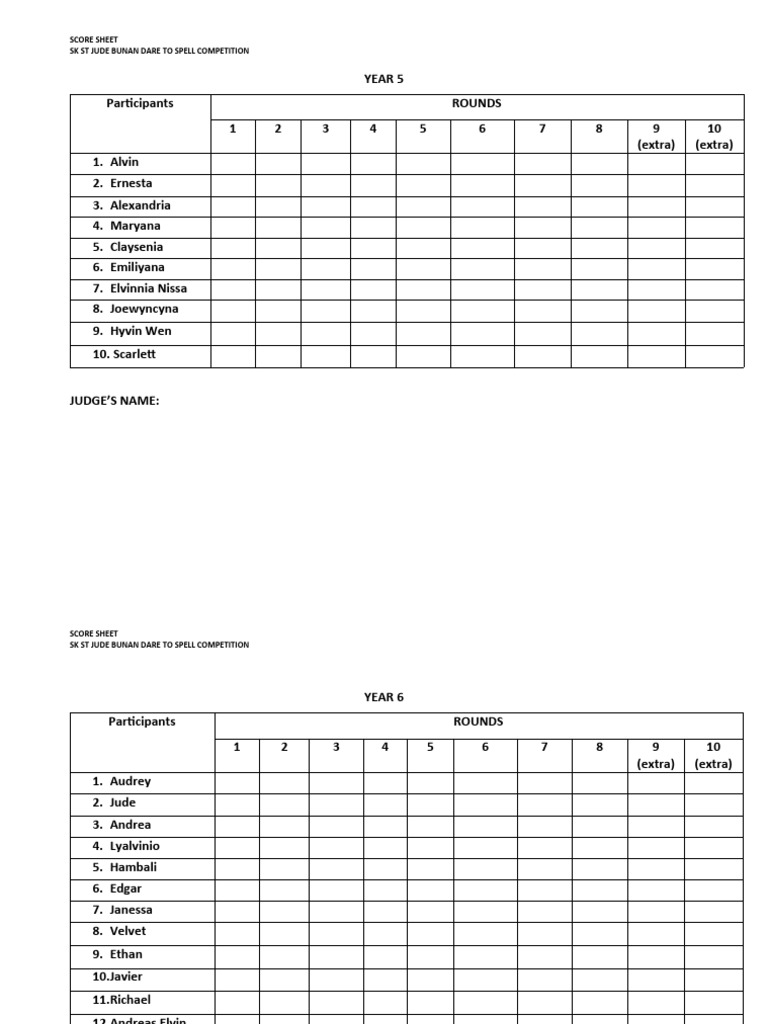 Dare to Spell Competition Score Sheets | PDF