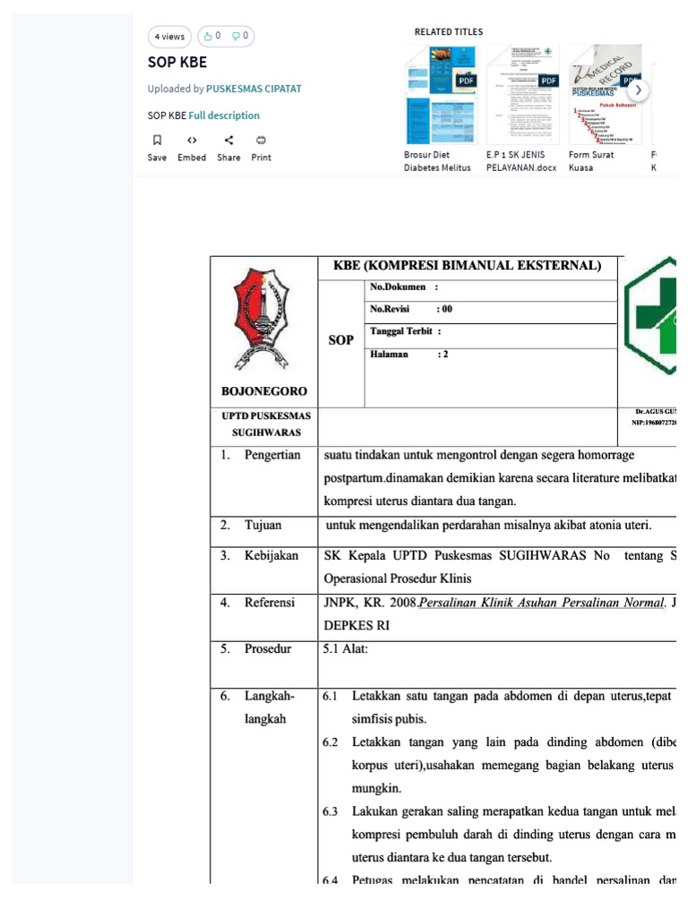 SOP KBE: Kompresi Uterus Pasca Persalinan | PDF