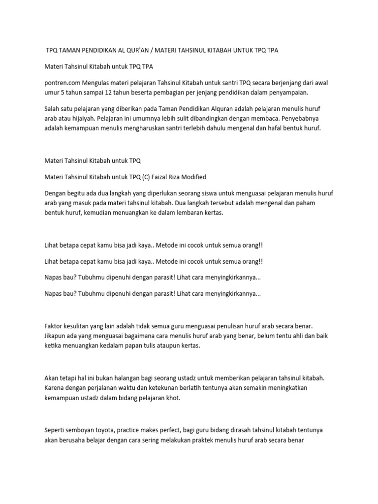 Materi Tahsinul Kitabah untuk TPQ | PDF | Seni & Disiplin Bahasa